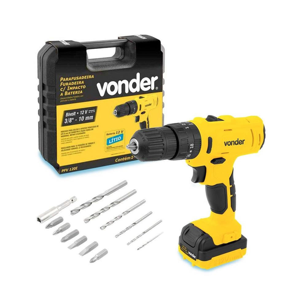 Parafusadeira/furadeira Vonder Pfv120i Com Impacto Bateria 12v Bivolt ...